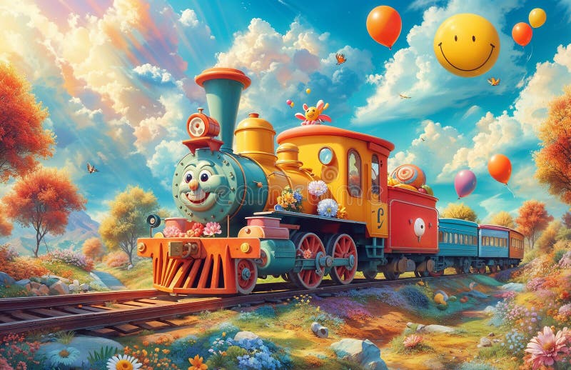 Cartoon Train on the Tracks in the Forest - Illustration for Children ...