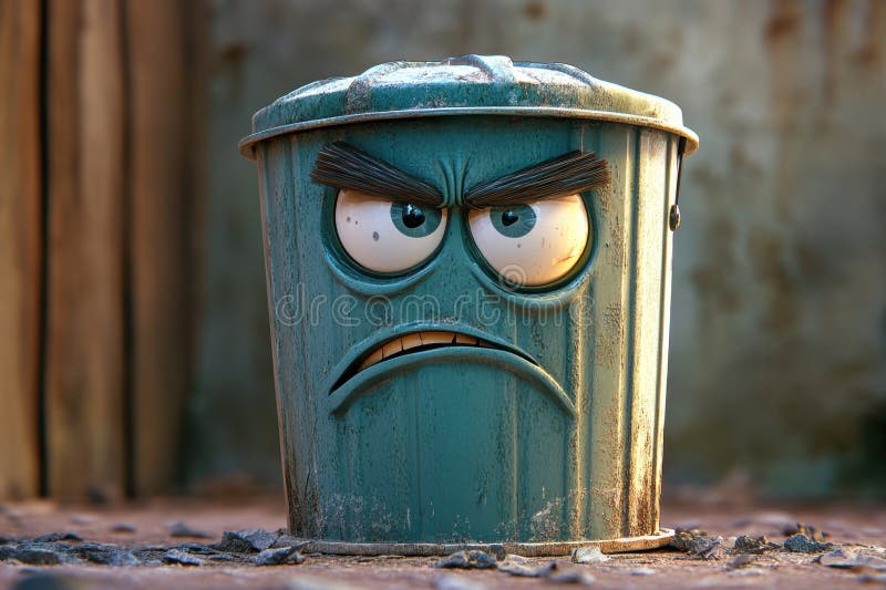 A Cartoon Trash Can with an Angry Expression on Its Face Stock ...