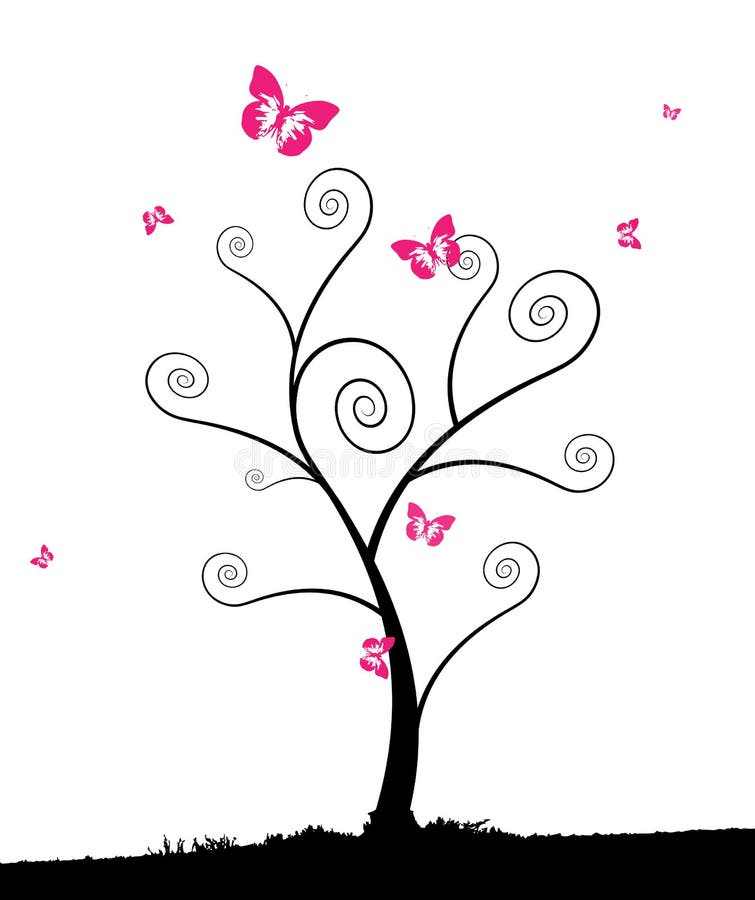 Cartoon Tree with Group of Pink Butterflies. Stock Vector ...
