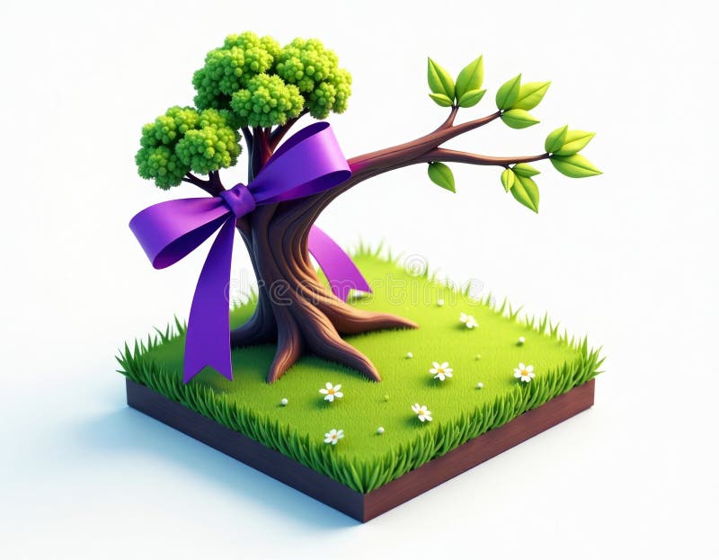 Cartoon Tree with Purple Bow on Grass Patch Stock Illustration ...