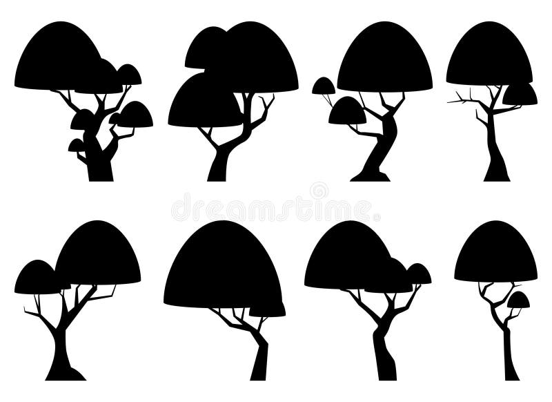 Cartoon Tree Silhouette Collection Isolated on White Stock Illustration ...