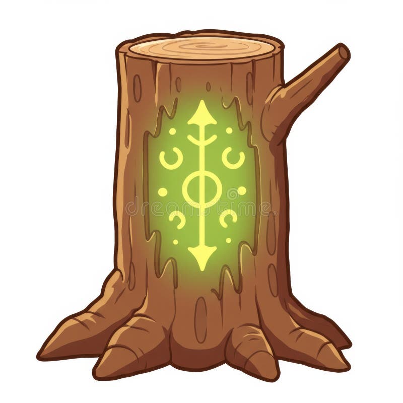 Cartoon Tree Trunk with Glowing Magical Symbol Isolated on White ...