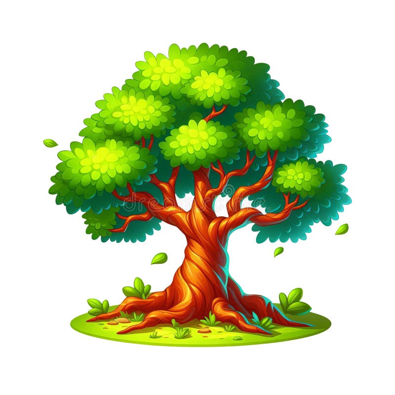Cartoon Tree with Twisted Trunk and Lush Green Foliage on a Grassy Base ...