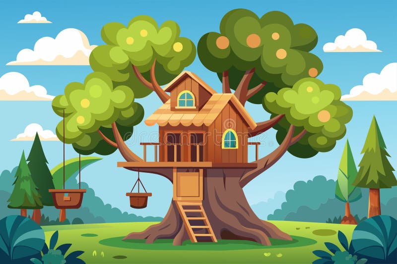 A Cartoon Treehouse Built into a Large Tree with a Swing Hanging Off ...