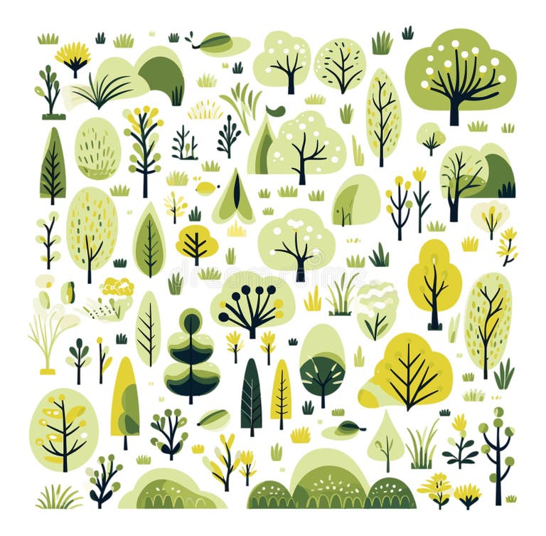 Cartoon Trees with Green Bushes and Grass, Scribble Doodle Shape Set of ...