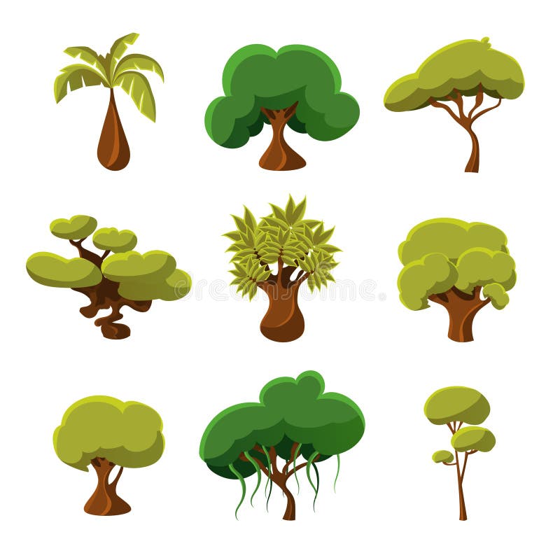 Cartoon Trees, Leaves and Bushes Set Vector Stock Vector - Illustration ...