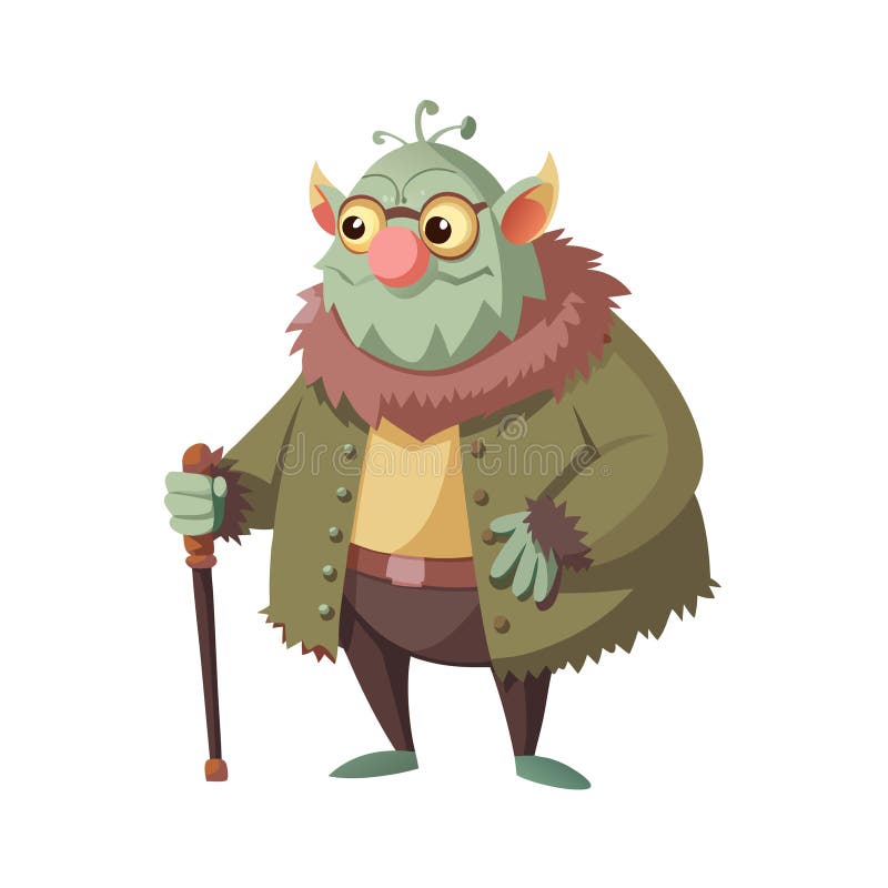 Cartoon Troll Character in Coat Walking with Cane Illustration Stock ...