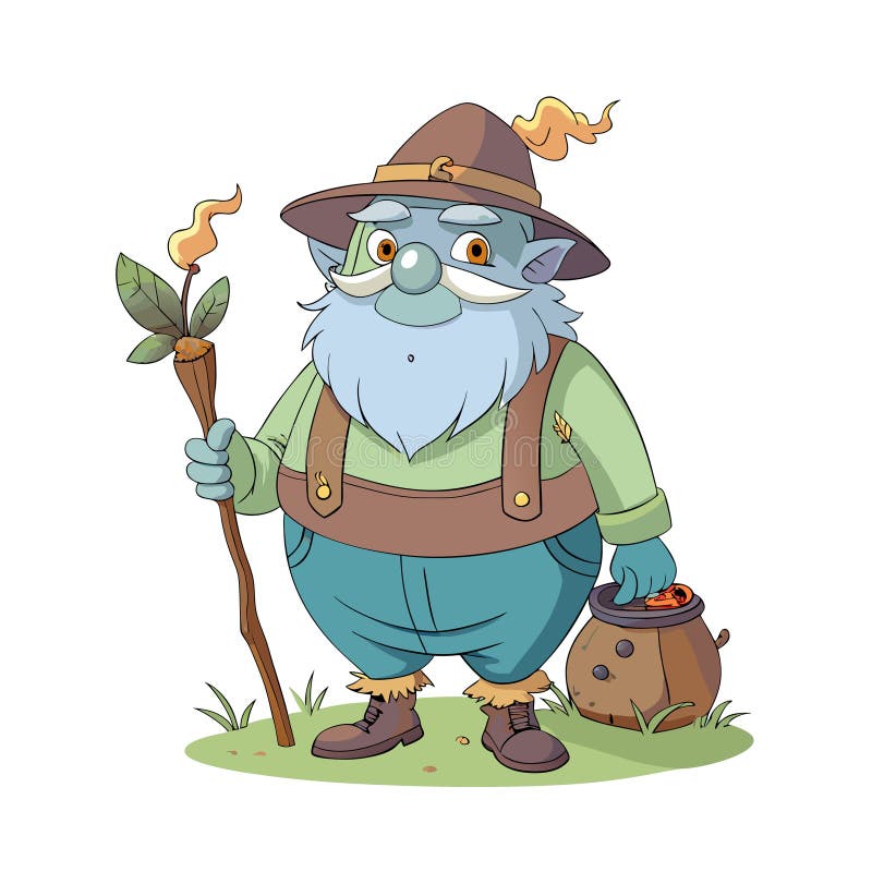 Cartoon Troll Wizard Illustration with Staff and Cauldron on Grass ...