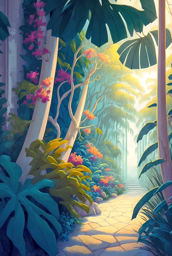 Cartoon Tropical Forest with Walking Path, Jungle Scenery Stock ...