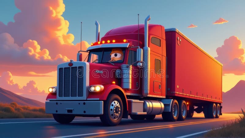 Cartoon Truck Driver on Highway at Sunset - 3D Render Stock ...