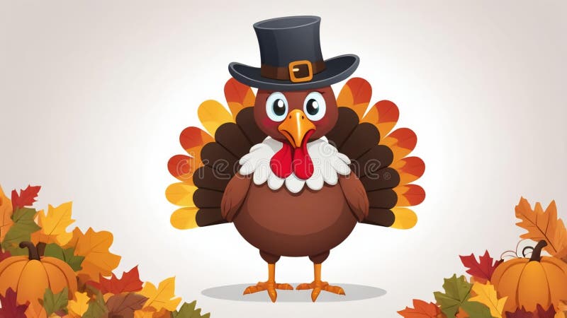 A Cartoon Turkey Thanksgiving in a Pilgrim Hat on White Background ...