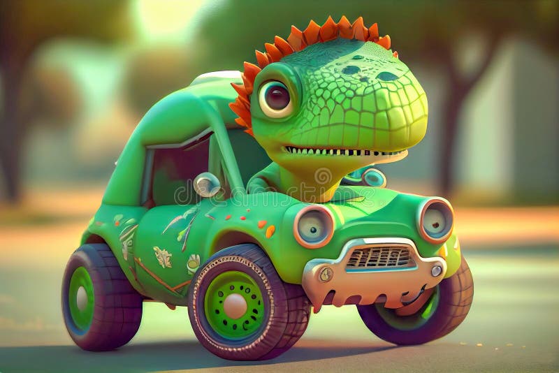 Cartoon Dinosaur in the Car Stock Illustration - Illustration of green ...