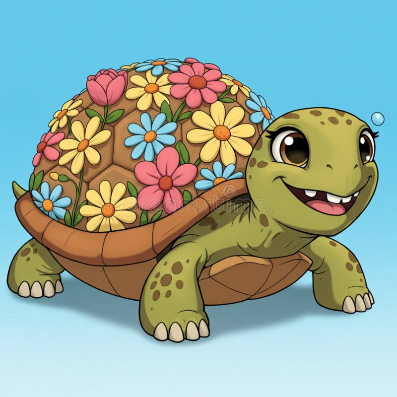 A Cartoon Turtle with a Cheerful Expression Features a Shell Decorated ...