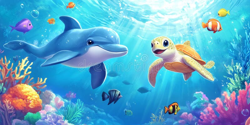 Cartoon of a Turtle and a Dolphin Swimming in the Ocean Stock Image ...