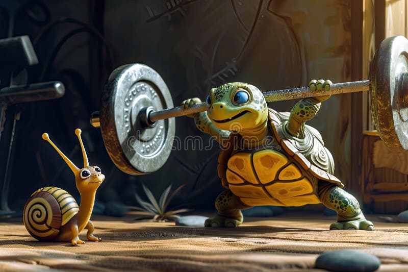 A Cartoon Turtle is Lifting a Barbell and a Cute Snail is Cheering and ...