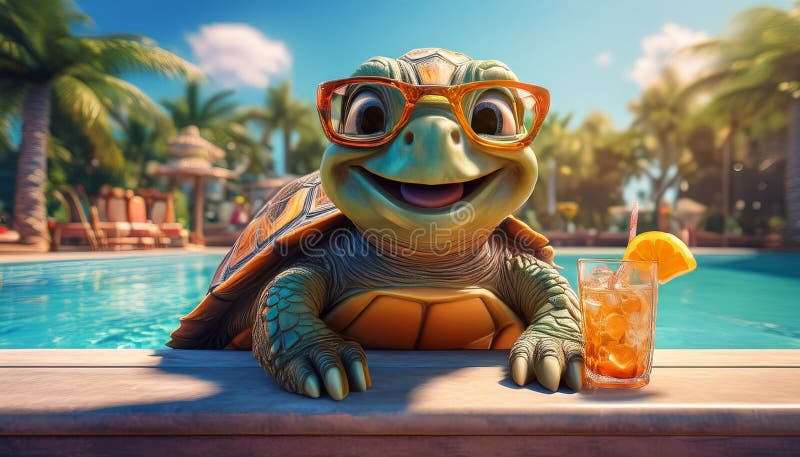Turtle by the Pool with a Drink Stock Illustration - Illustration of ...