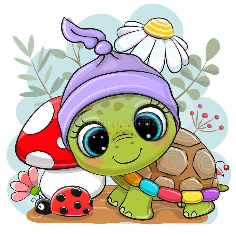 Cartoon Turtle with Mushroom on the Meadow Stock Vector - Illustration ...