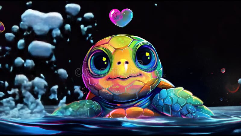 A Cartoon Turtle with a Rainbow Shell Floats in a Sea of Iridescent ...