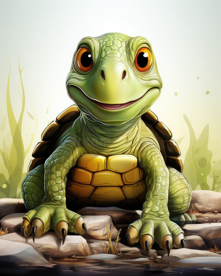 A Cartoon Turtle Sitting on a Rock in the Grass and Looking at the ...