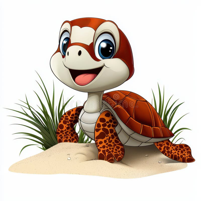 Cartoon Turtle Smiling and Playing in Sand with Green Grass Stock ...