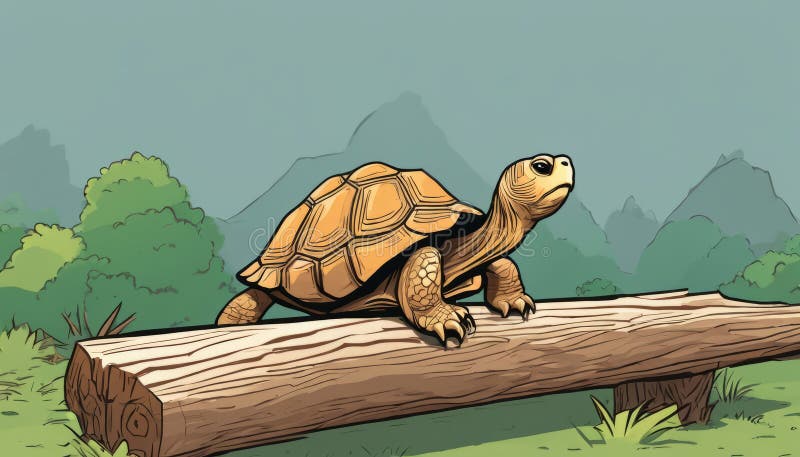 A Cartoon Turtle Walking on a Log Stock Illustration - Illustration of ...