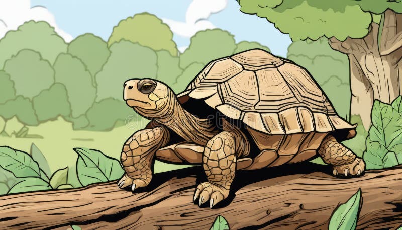 A Cartoon Turtle Walking on a Log Stock Illustration - Illustration of ...
