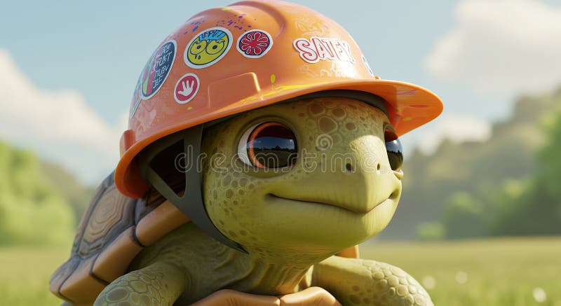 Cartoon Turtle Wearing Hard Hat in Meadow Cute Construction Safety ...
