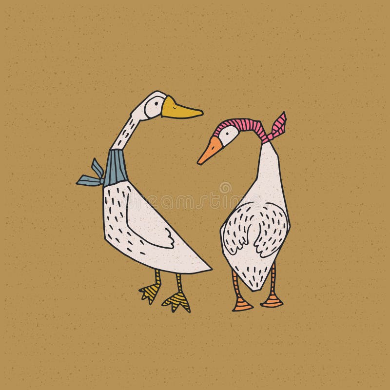 Cartoon Two Geese. Hand Drawn Cute Birds Stock Vector - Illustration of ...