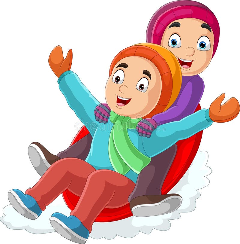Cartoon Two Kids Sledding Down a Hill Stock Vector - Illustration of ...