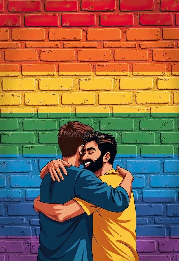 Cartoon Two Men Hugging on a Rainbow Wall Background Stock Illustration ...