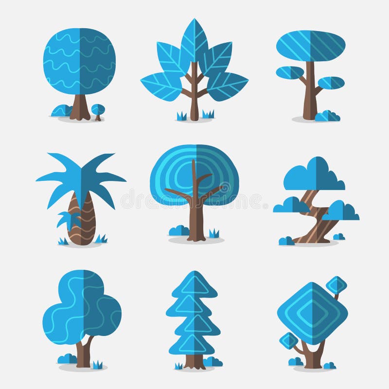 Cartoon Vector Blue Trees Collection Stock Vector - Illustration of ...