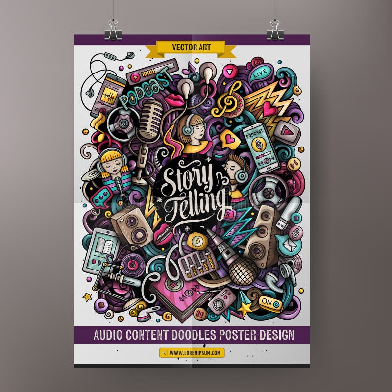 Cartoon Vector Doodle Audio Content Poster Template. Stock Vector ...