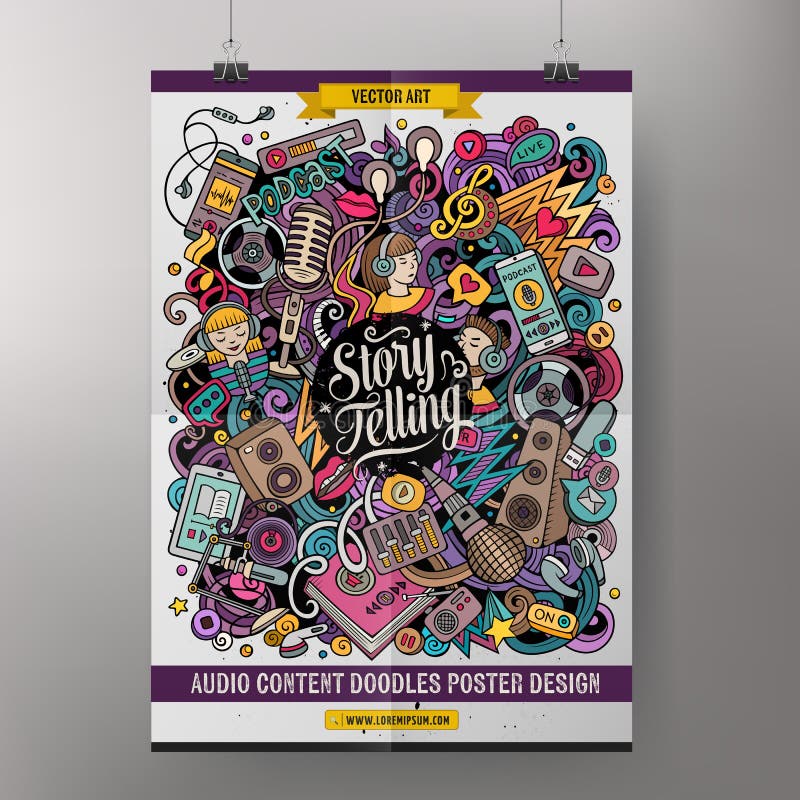 Cartoon Vector Doodle Audio Content Poster Template. Stock Vector ...