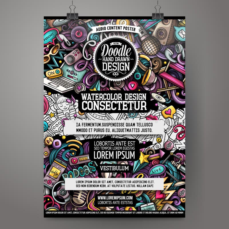Cartoon Vector Doodle Audio Content Poster Stock Vector - Illustration ...