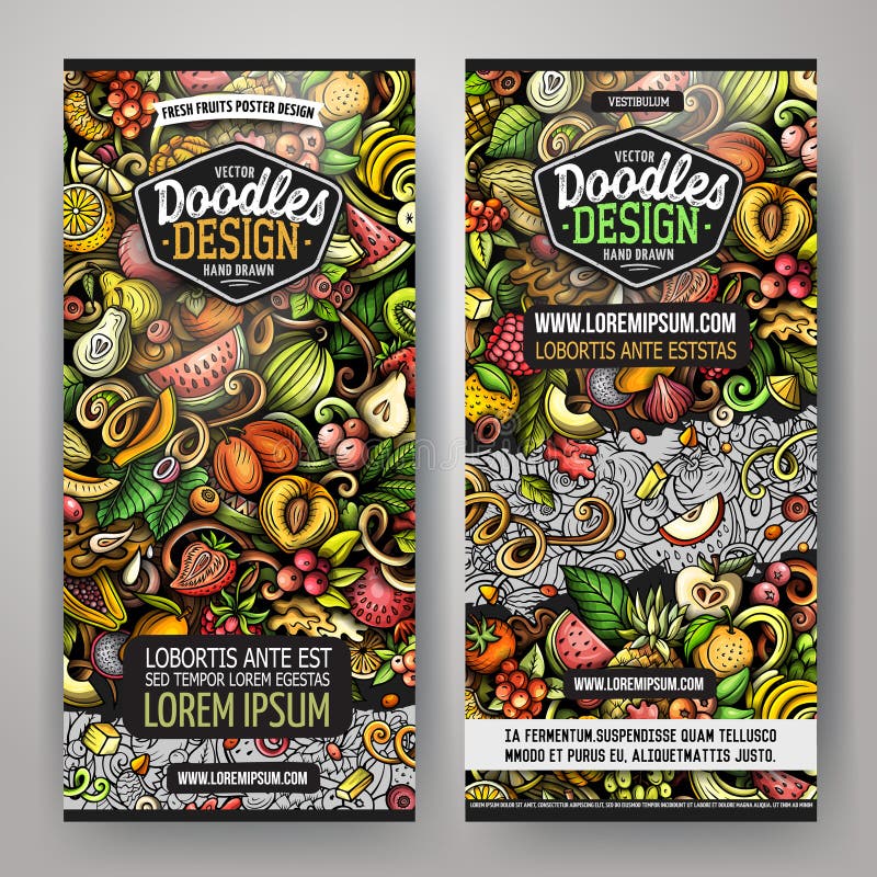 Cartoon Vector Doodle Set of Fresh Fruits Banners Stock Vector ...