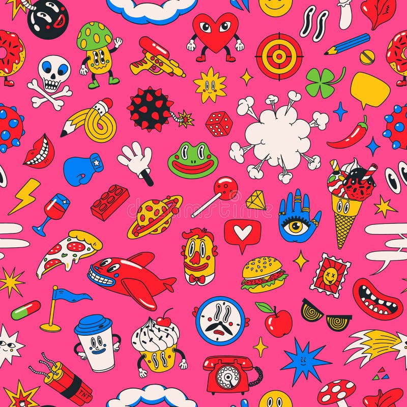 Cartoon Vector Funny Cute Comic Characters, Seamless Pattern. Stock ...