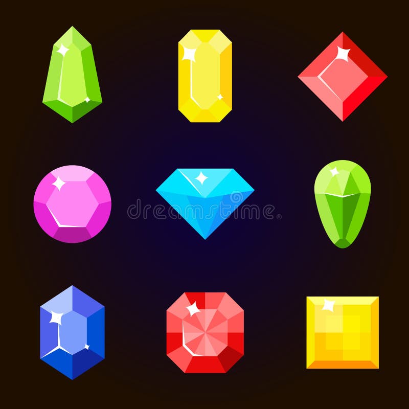 Cartoon Vector Gems and Diamonds Set in a Flat Style in Different ...