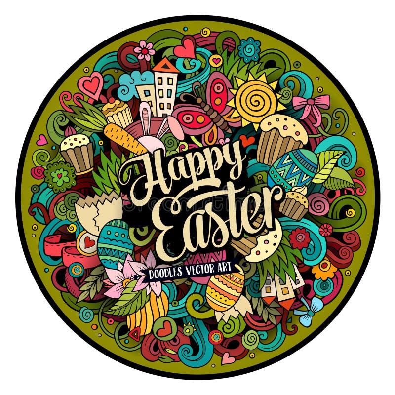Cartoon Vector Hand Drawn Doodle Happy Easter Round Design Stock Vector ...
