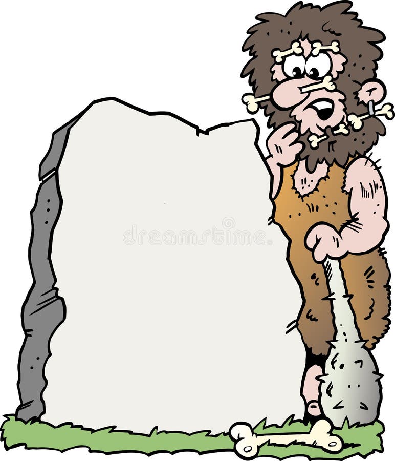 Cartoon Vector Illustration of a Caveman Looking at a Big Stone Stock ...