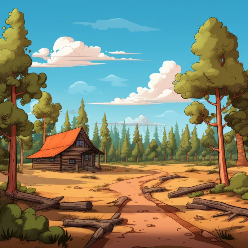 Cartoon Cabin in Desolate Forest Landscape with Blue Sky Stock ...