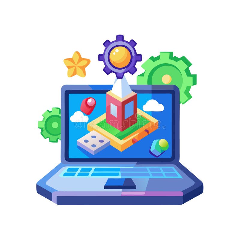 Game Development on Laptop with Gears, Star, Dice, and Building Stock ...