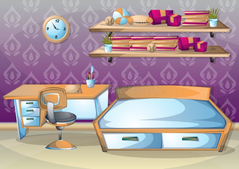 Cartoon Kids Bedroom Interior. Home Childrens Room With Kid Bed, Child ...