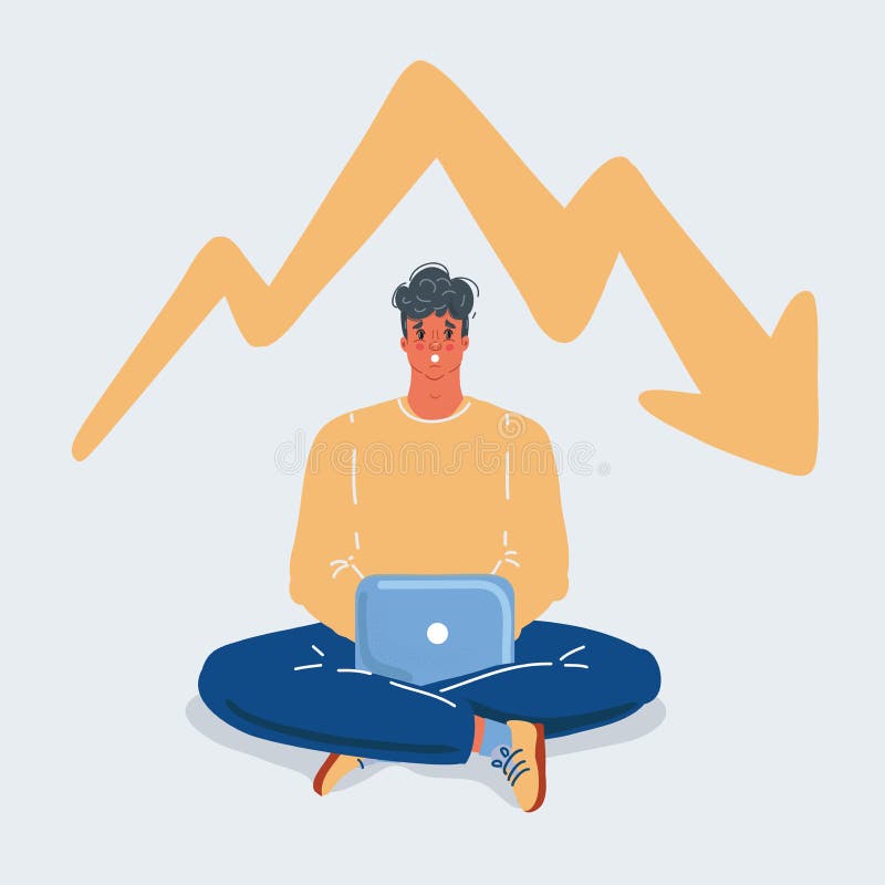 Vector Illustration of Man Look at Laptop Screen with Down Trend Chart ...