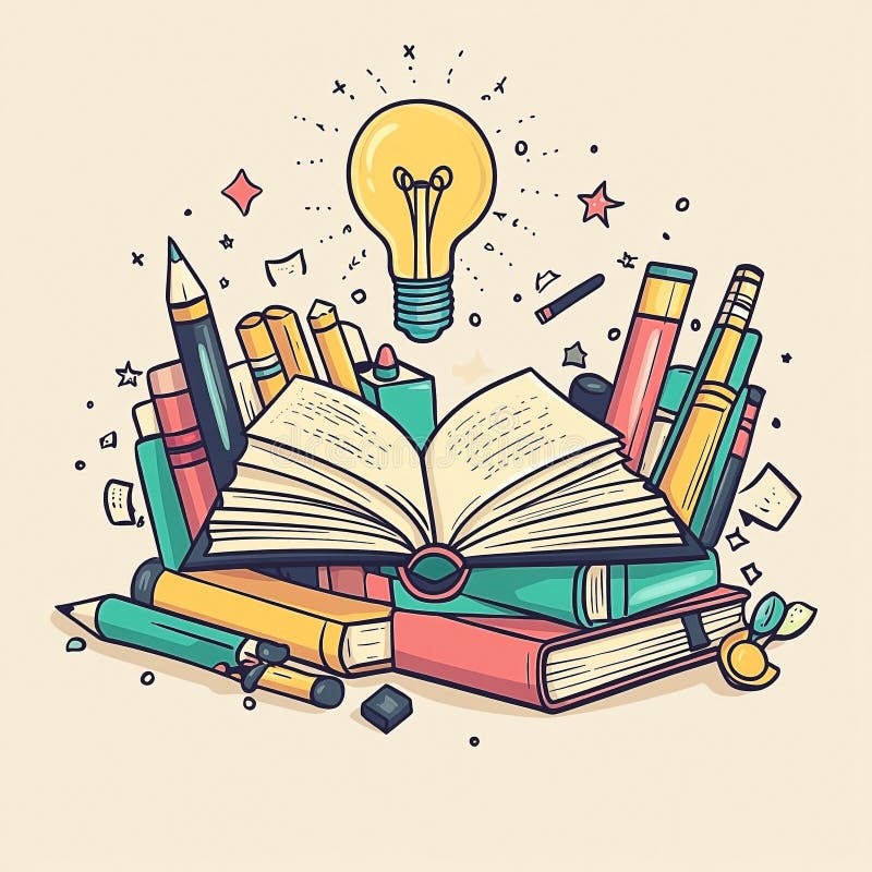 Cartoon Vector Illustration of an Open Book Surrounded by Stationery ...