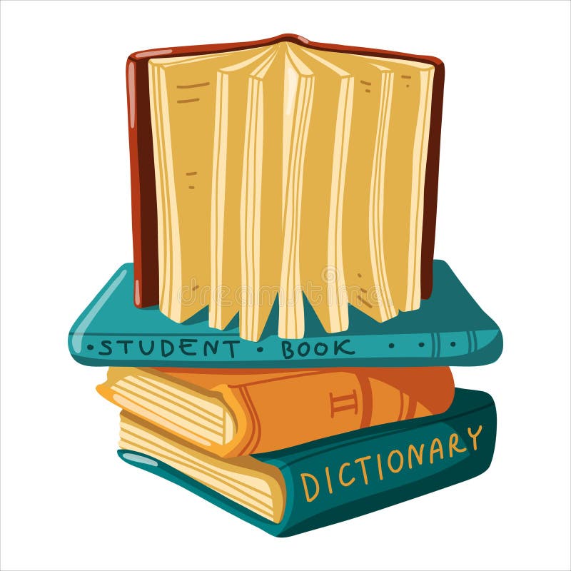 Open Book with Stack of Three Colourful Books. Cartoon Vector Isolated ...