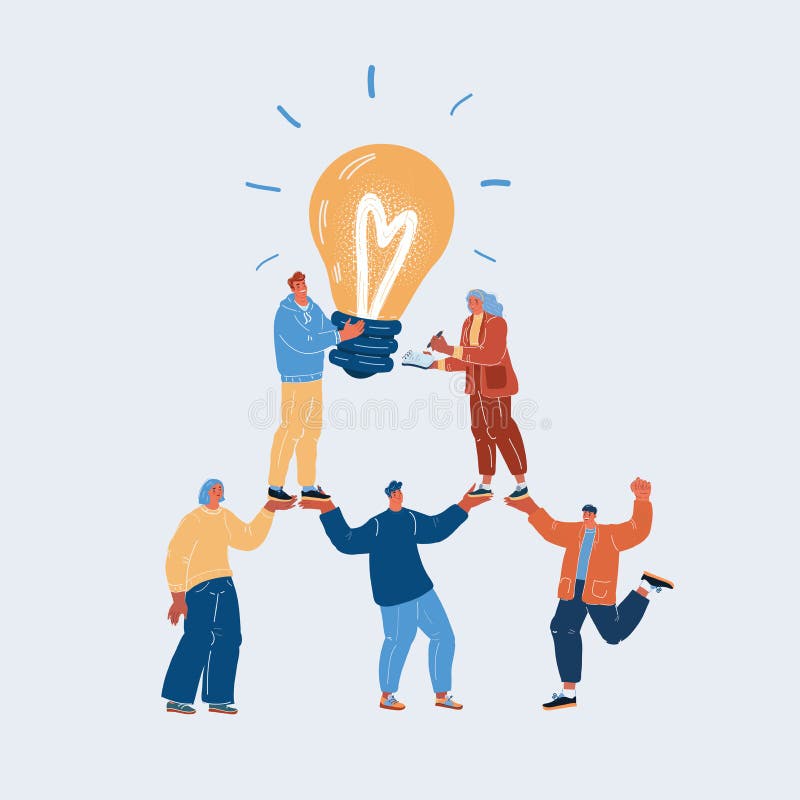 Vector Illustration of Teamwork with Idea Light Bulbs Above Their Heads ...