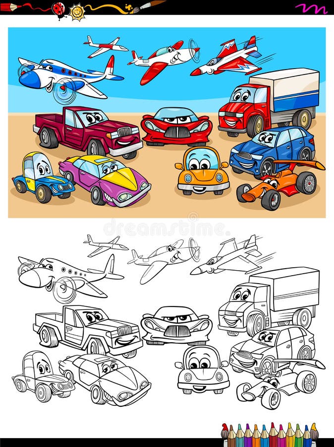 Transportation Vehicles Characters Coloring Book Stock Vector ...
