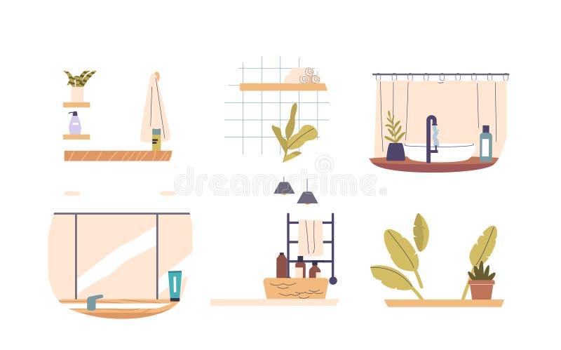 Cartoon Vector Illustration of Various Modern Bathroom Elements ...