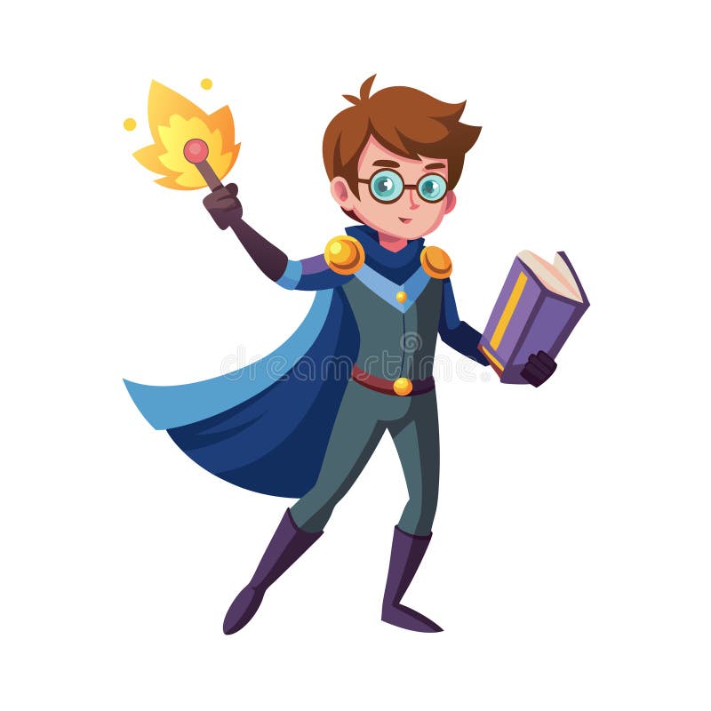 Cartoon Wizard Boy Character with Magic Match and Book Illustration ...