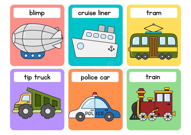Cartoon Vehicles Flashcards - 4 Stock Illustration - Illustration of ...